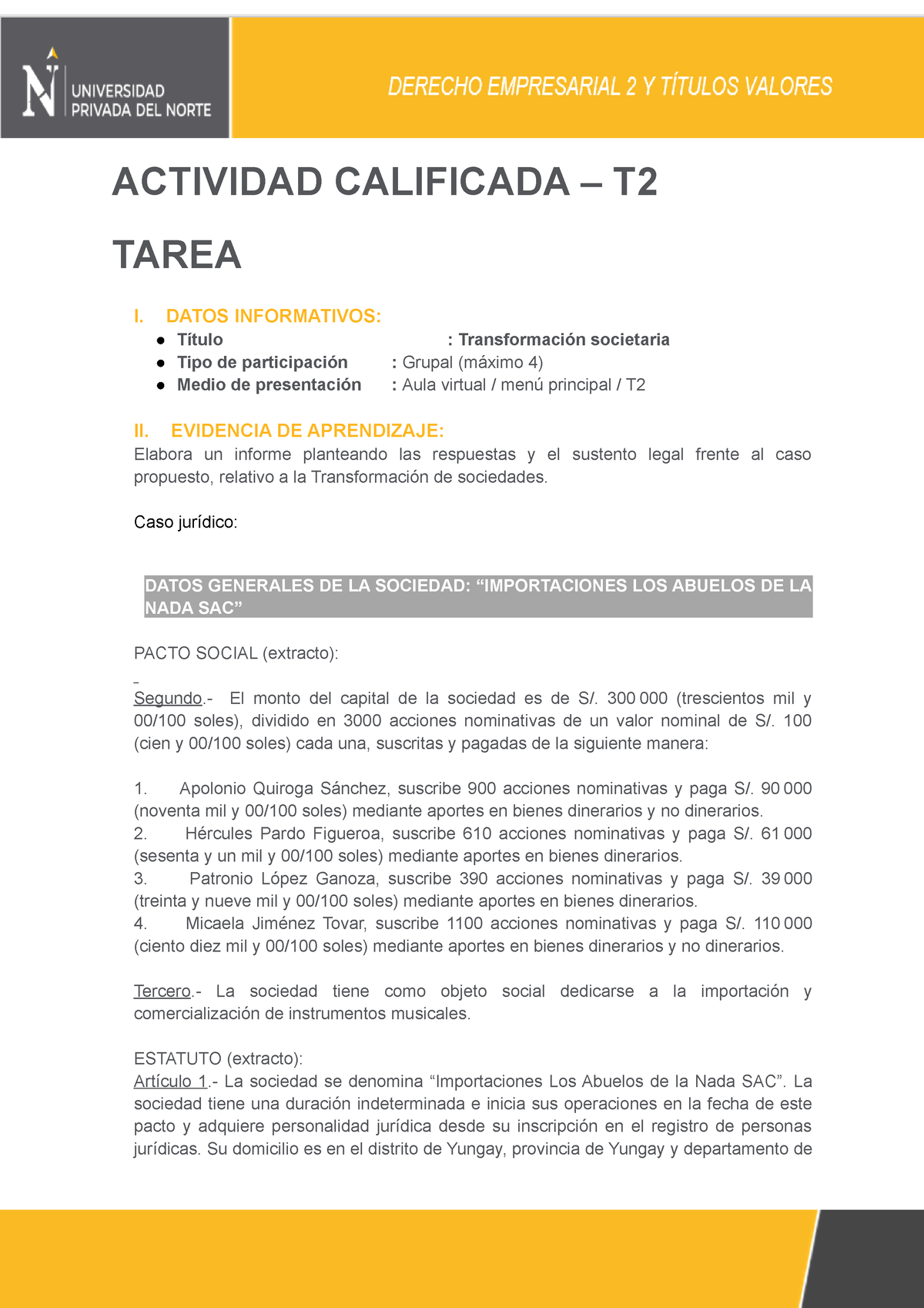 T2 Empresarial Actividad Calificada T Tarea I Datos Informativos