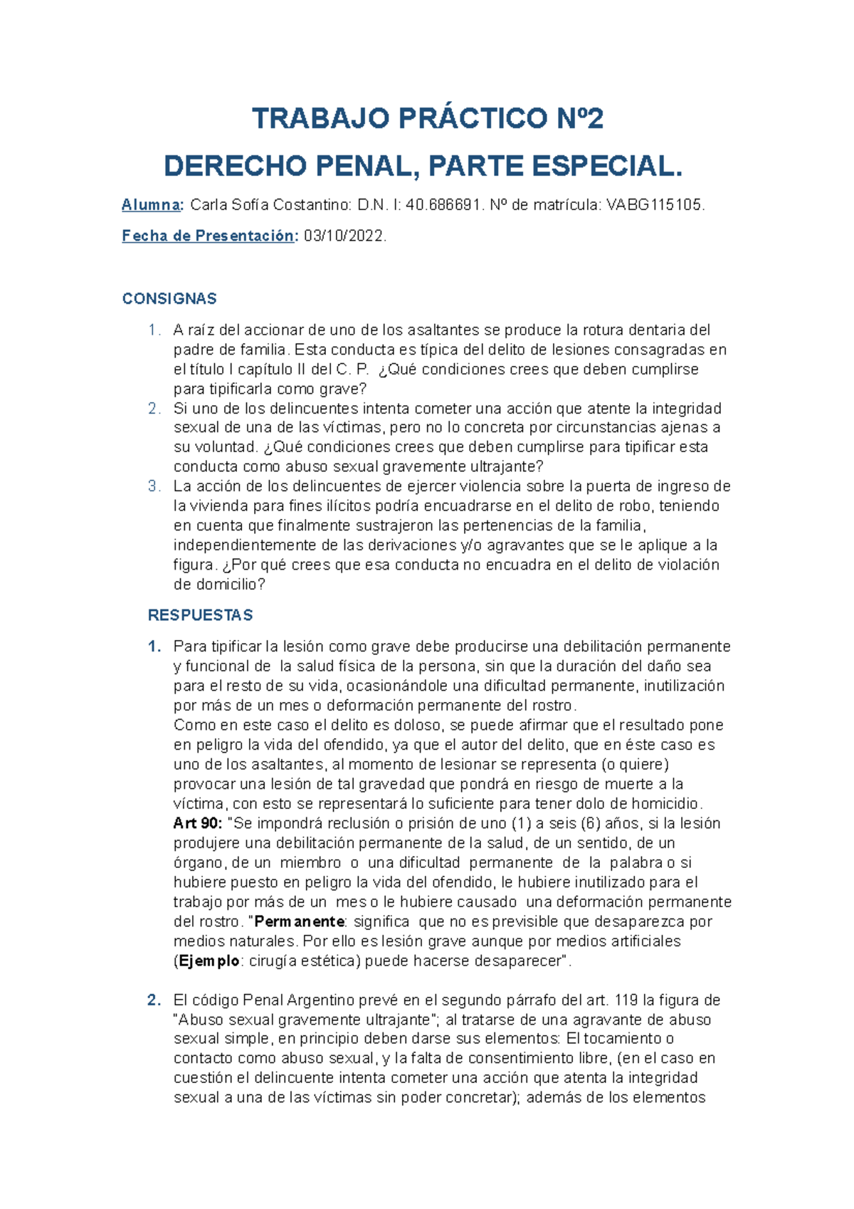 Tp2 Derecho Penal Parte Especial Trabajo PrÁctico Nº Derecho Penal