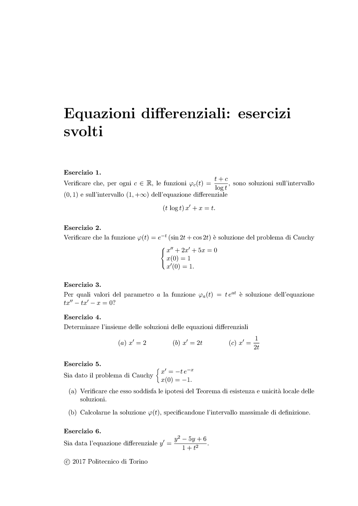 Equazioni Differenziali Esercizi Svolti Equazioni Differenziali