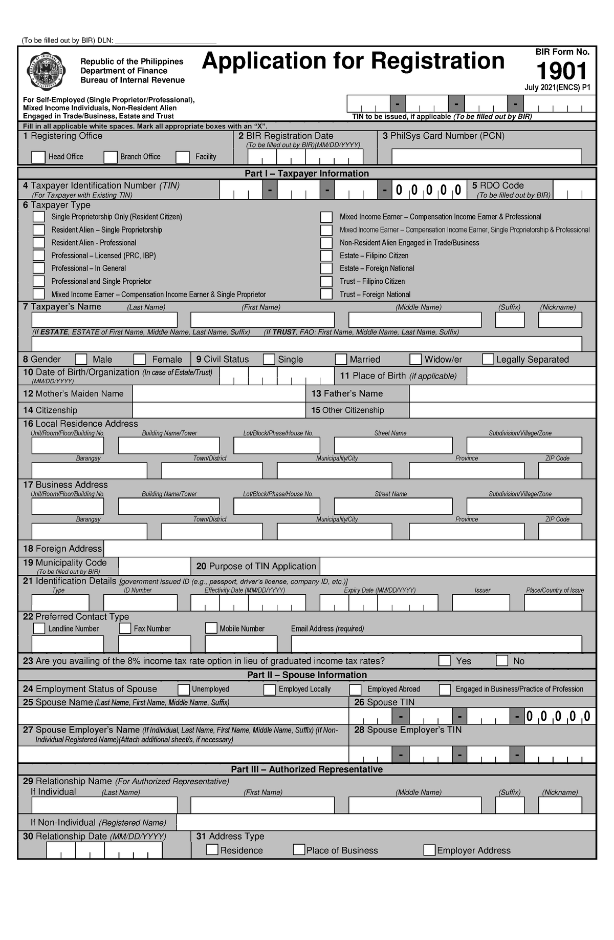 Bir Form 1901 To Be Filled Out By Bir Dln