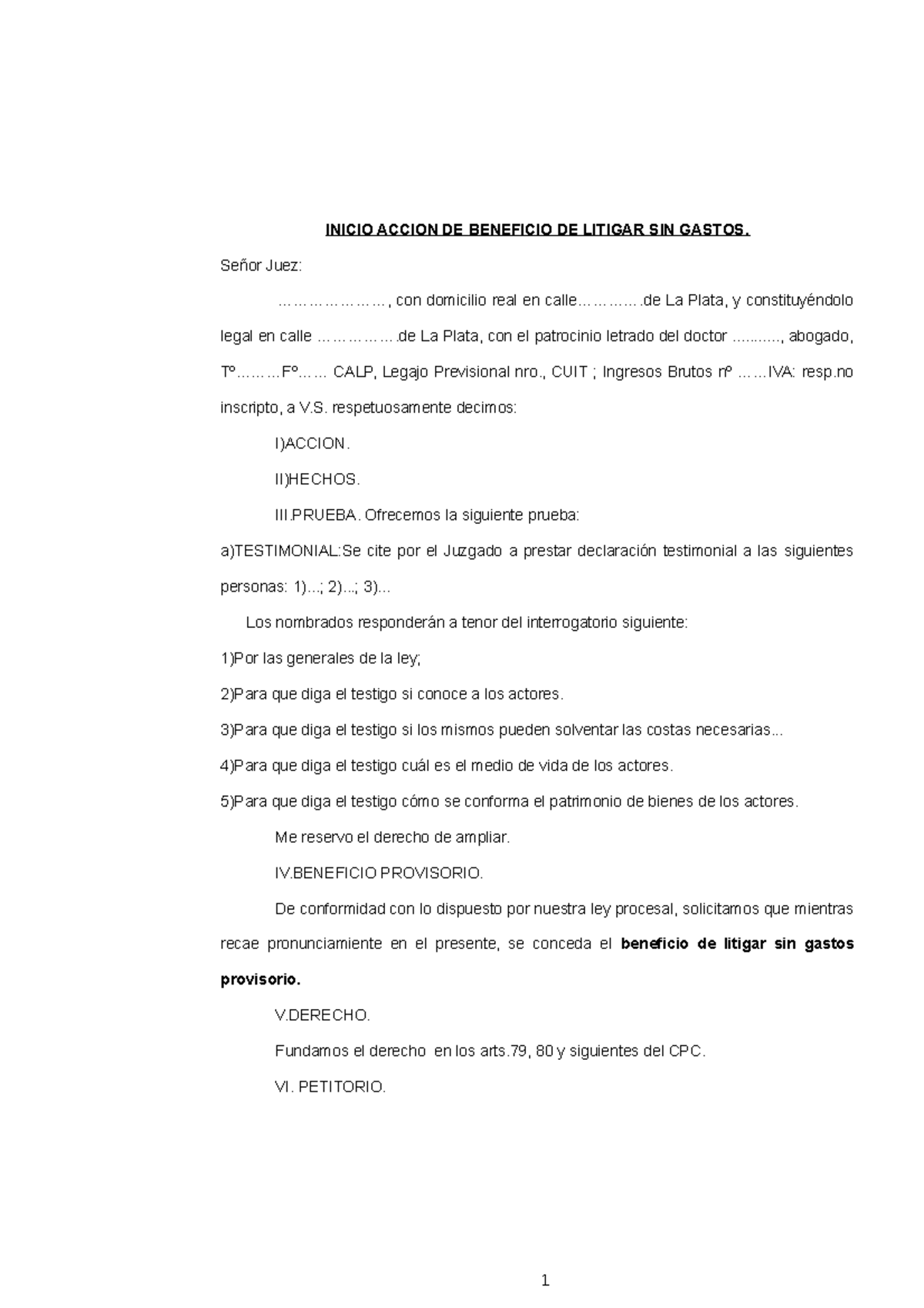 Beneficio De Litigar Sin Gastos Inicio Accion De Beneficio De Litigar