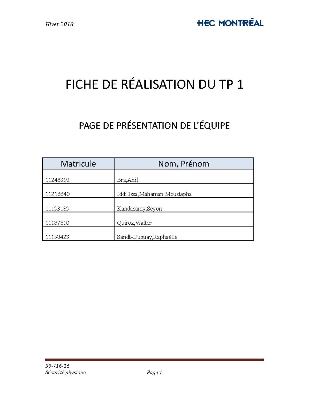 30 716 16 Tp1 Fiche De Réalisation Hiver Fiche De RÉalisation Du Tp 1