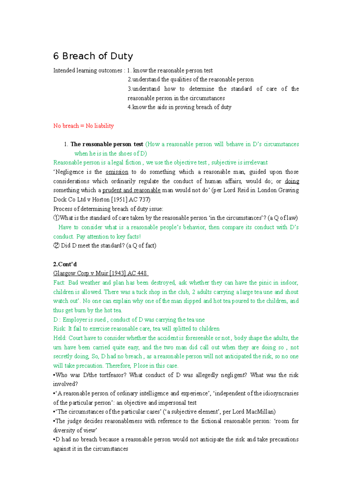 6 Breach Of Duty Lecture Notes 6 6 Breach Of Duty Intended Learning