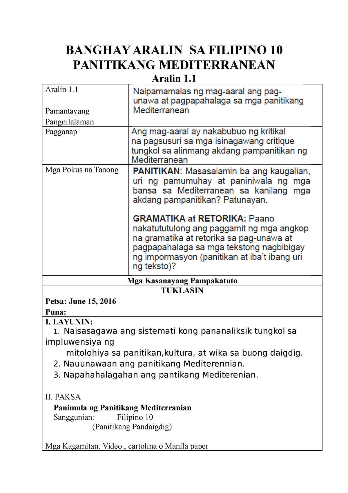 Masusing Banghay Aralin Sa Filipino 10 11 Compressmitolohiya Banghay