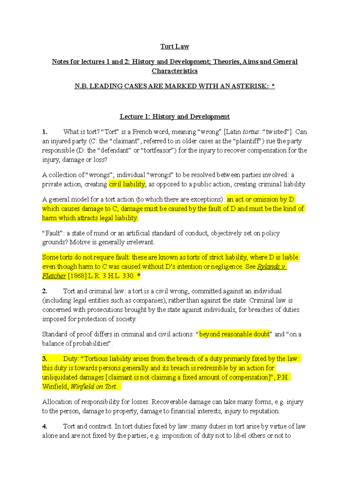 Tort Law Revision Doc Tort Law Notes For Lectures 1 And 2 History