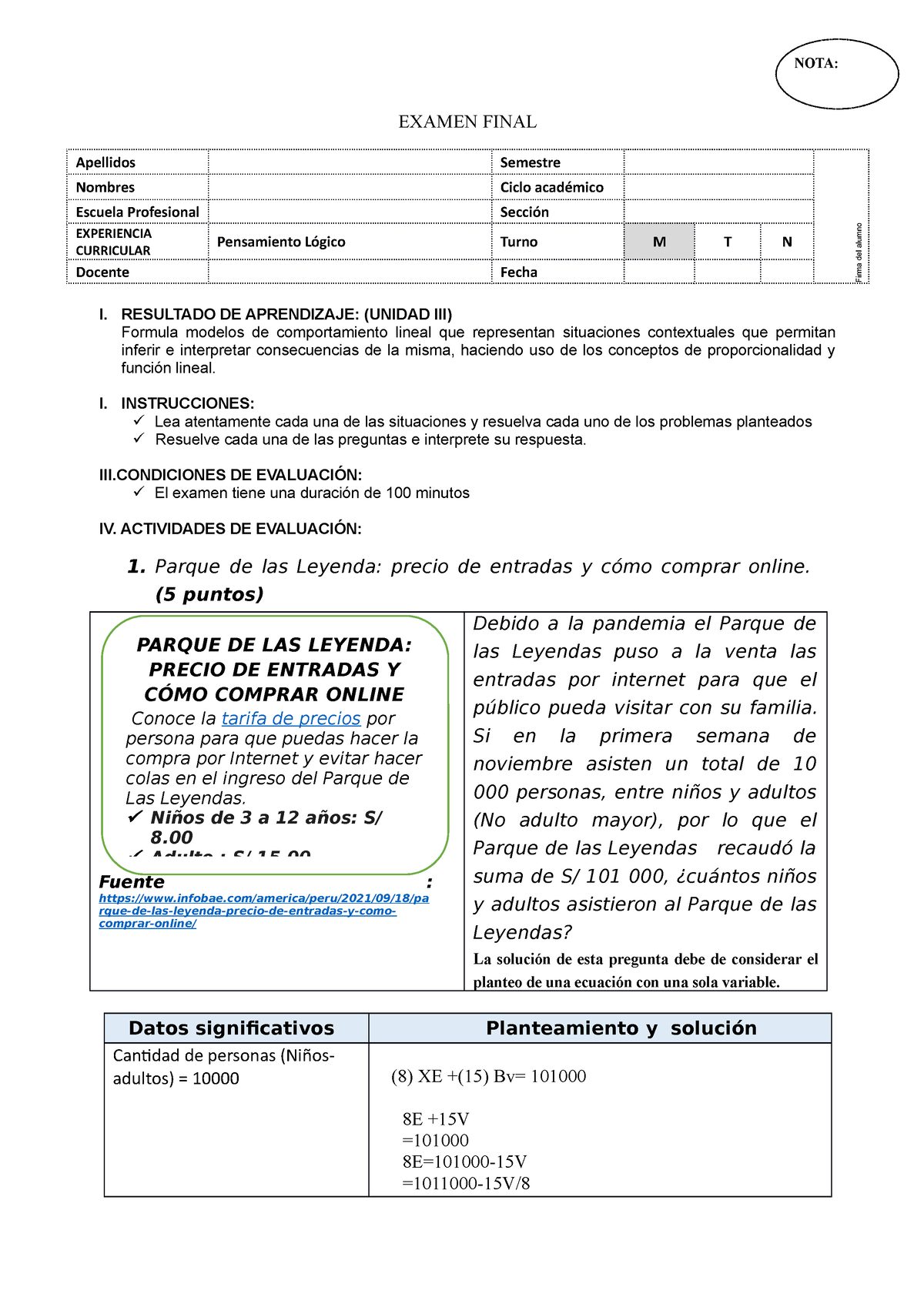 Examen Final De Pensamiento Lógico Primer Ciclo Para Universitarios