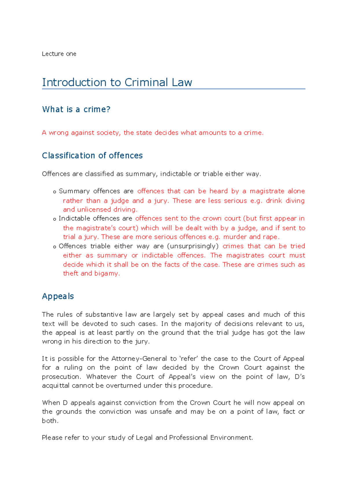 Lecture 1 Actus Reus Lecture One Introduction To Criminal Law What Is