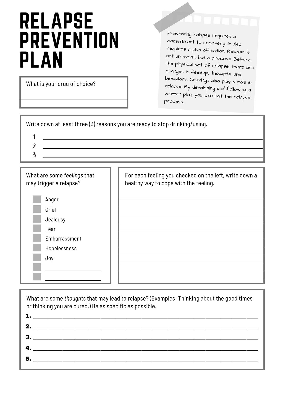 Printable Relapse Prevention Worksheets