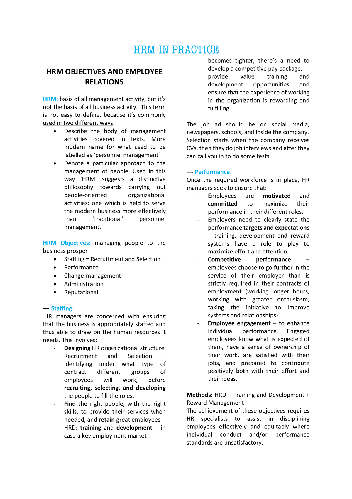 Hrm In Practice Notes Hrm In Practice Hrm Objectives And Employee