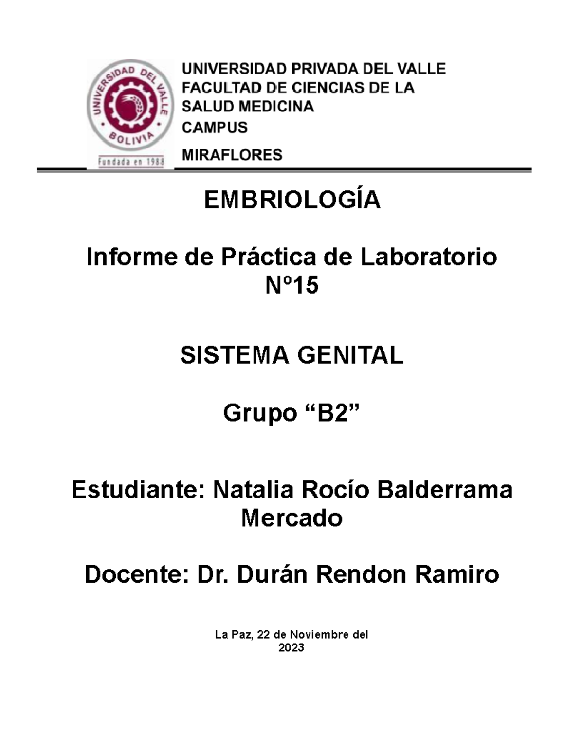 Sistema Genital EmbriologÍa Informe De Práctica De Laboratorio Nº