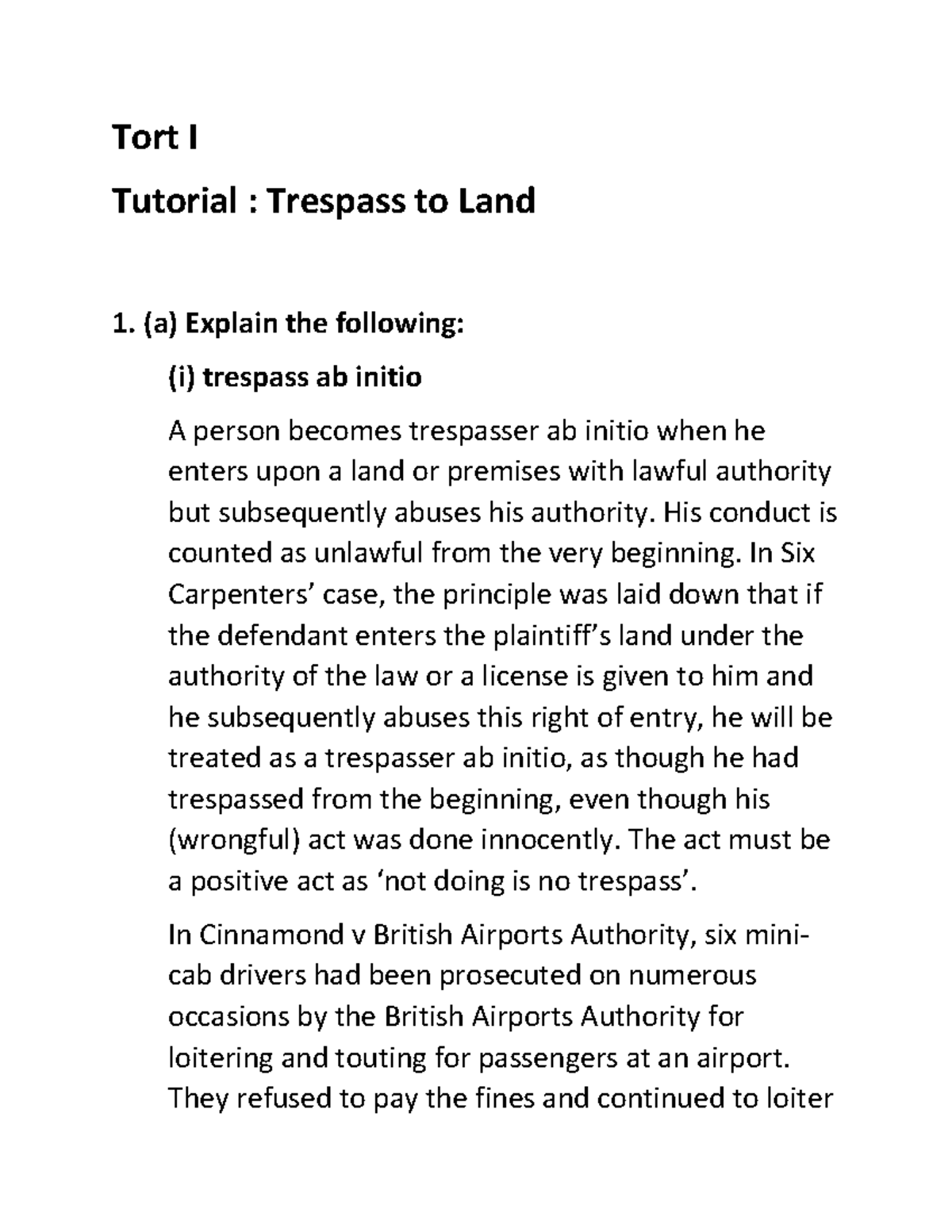 Tutorial Trespass To Land Tort I Tutorial Trespass To Land A