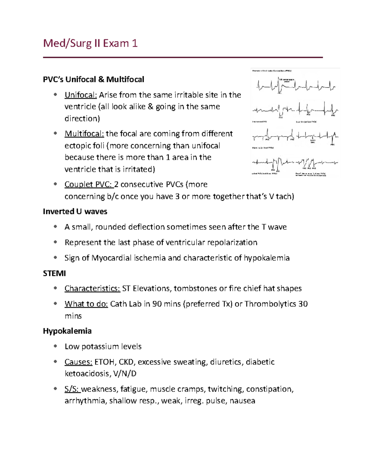 Med Surg Exam 1 Study Guide Medsurg Ii Exam 1 Pvcs Unifocal