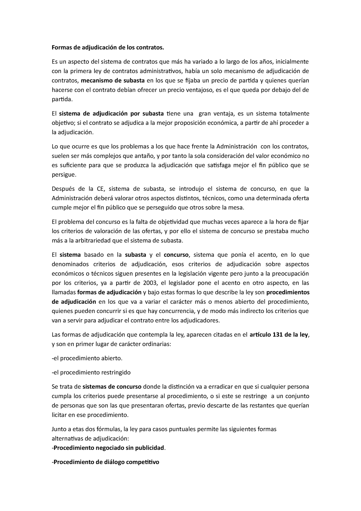 Formas De Adjudicación De Los Contratos Es Un Aspecto Del Sistema De