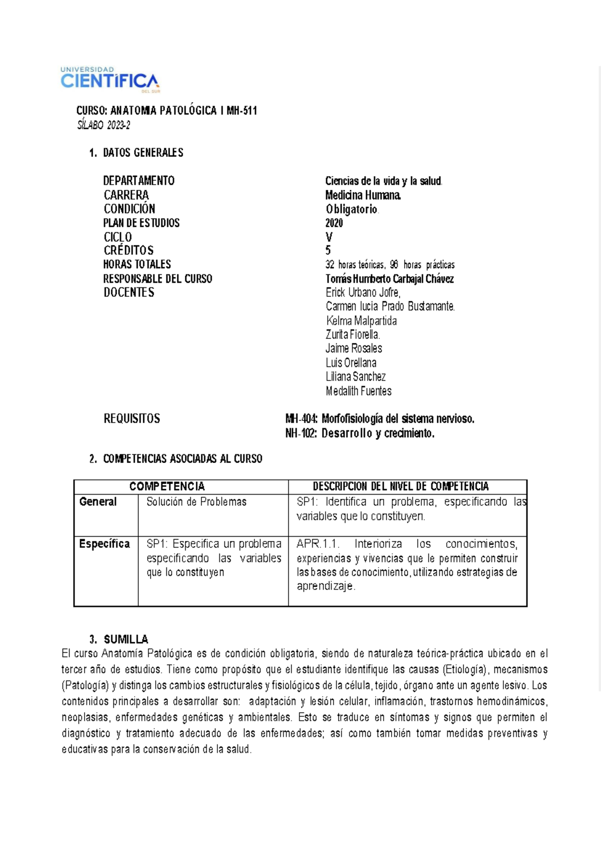 Anatomía Patológica I Sílabo 2023 1 Curso Anatomia PatolÓgica I Mh