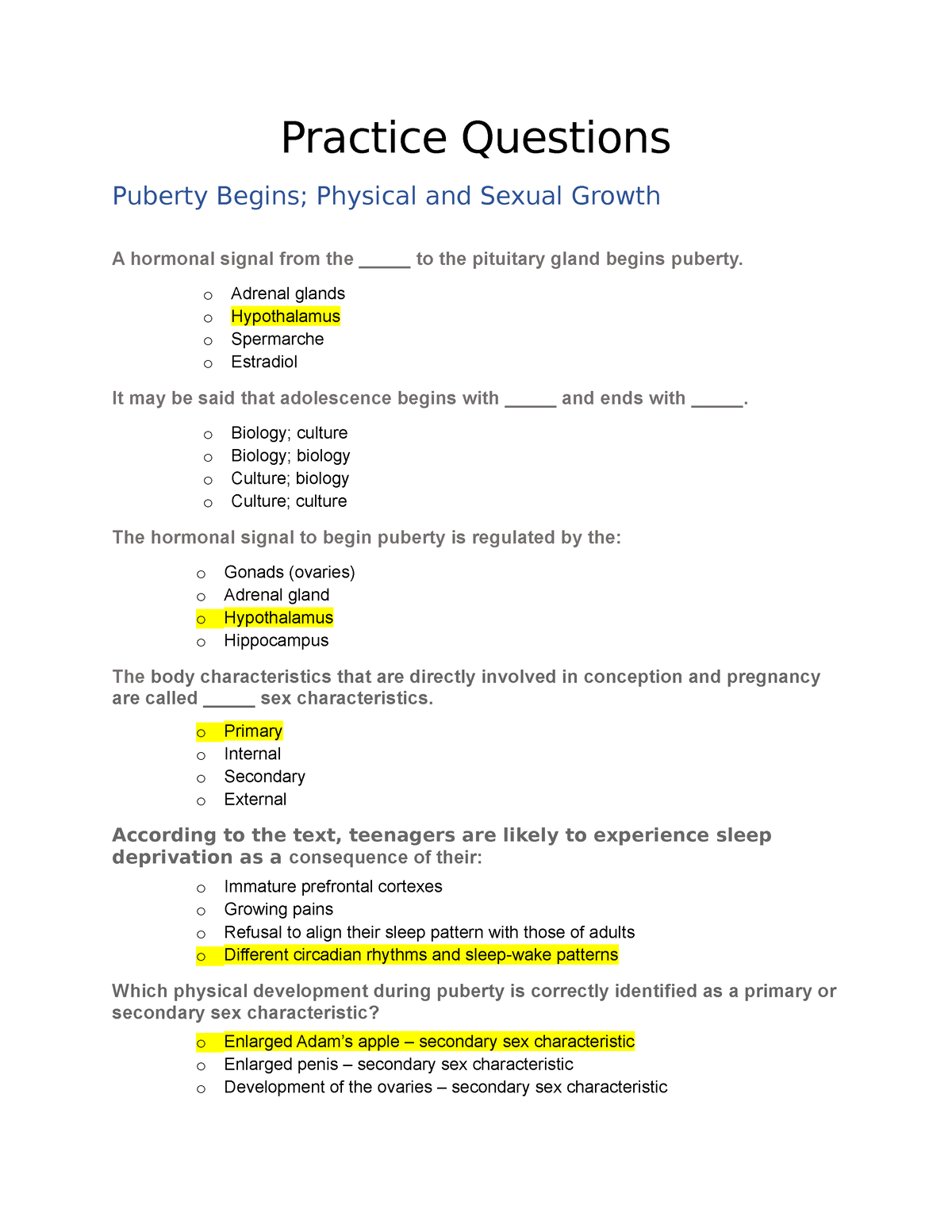 Puberty Begins Physical And Sexual Growth Practice Questions Puberty