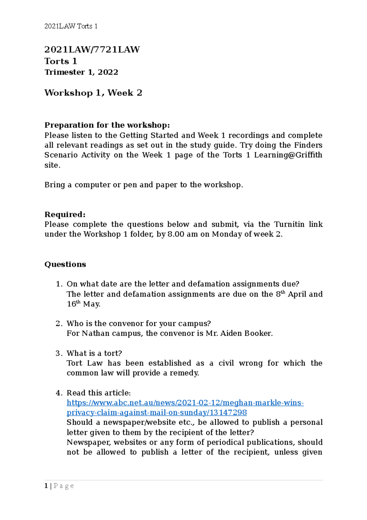 Torts 1 Workshop Week 1 2021law Torts 1 2021law7721law Torts 1