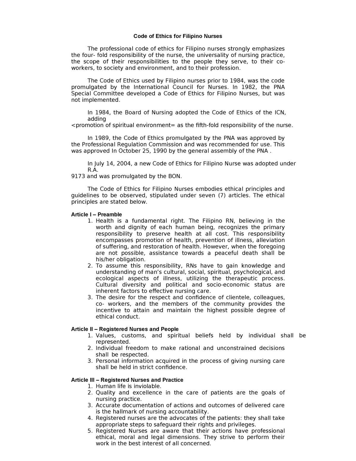 Code Of Ethics For Filipino Nurses The Code Of Ethics Used By