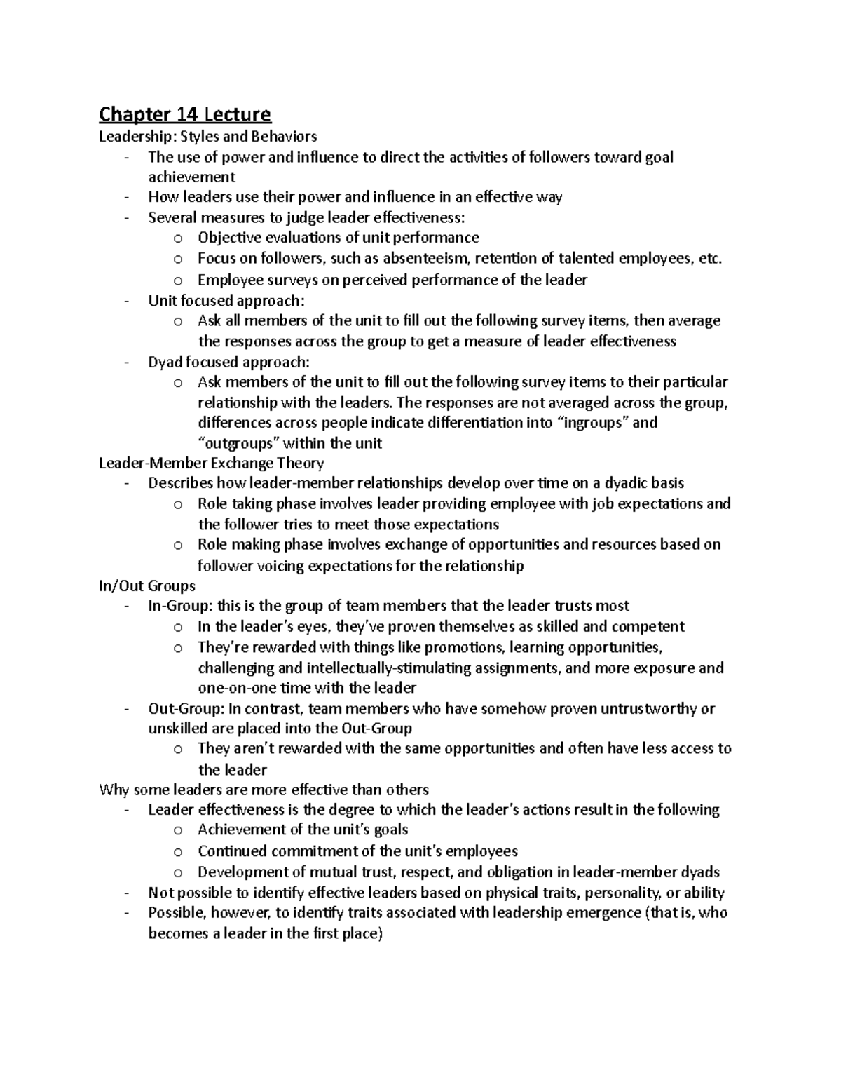 Chapter 14 Lecture Notes Chapter 14 Lecture Leadership Styles And