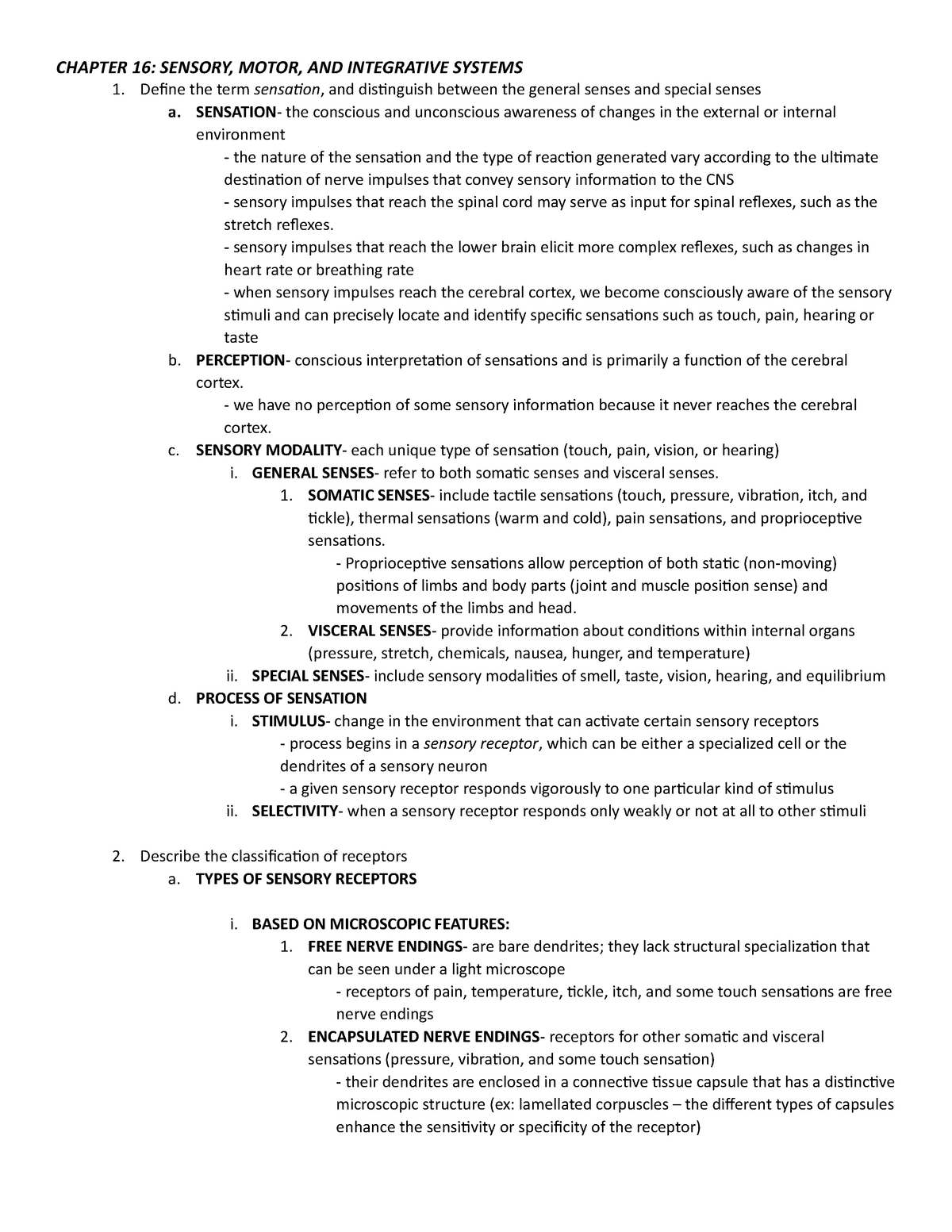 Chapter 16 Typed Notes Define The Term Sensation And Distinguish