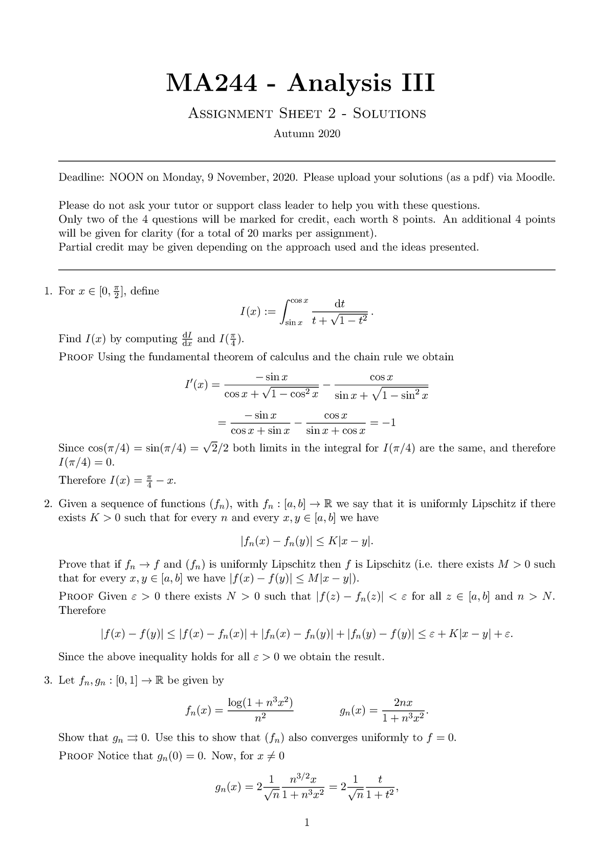 A 2 With Solutions Ma244 Analysis Iii Assignment Sheet 2