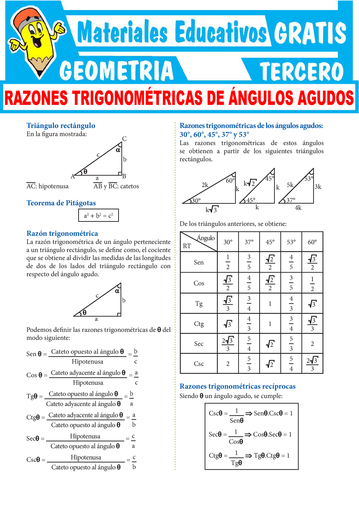 Razones Trigonométricas De Ángulos Agudos Recta Para Tercer Grado De