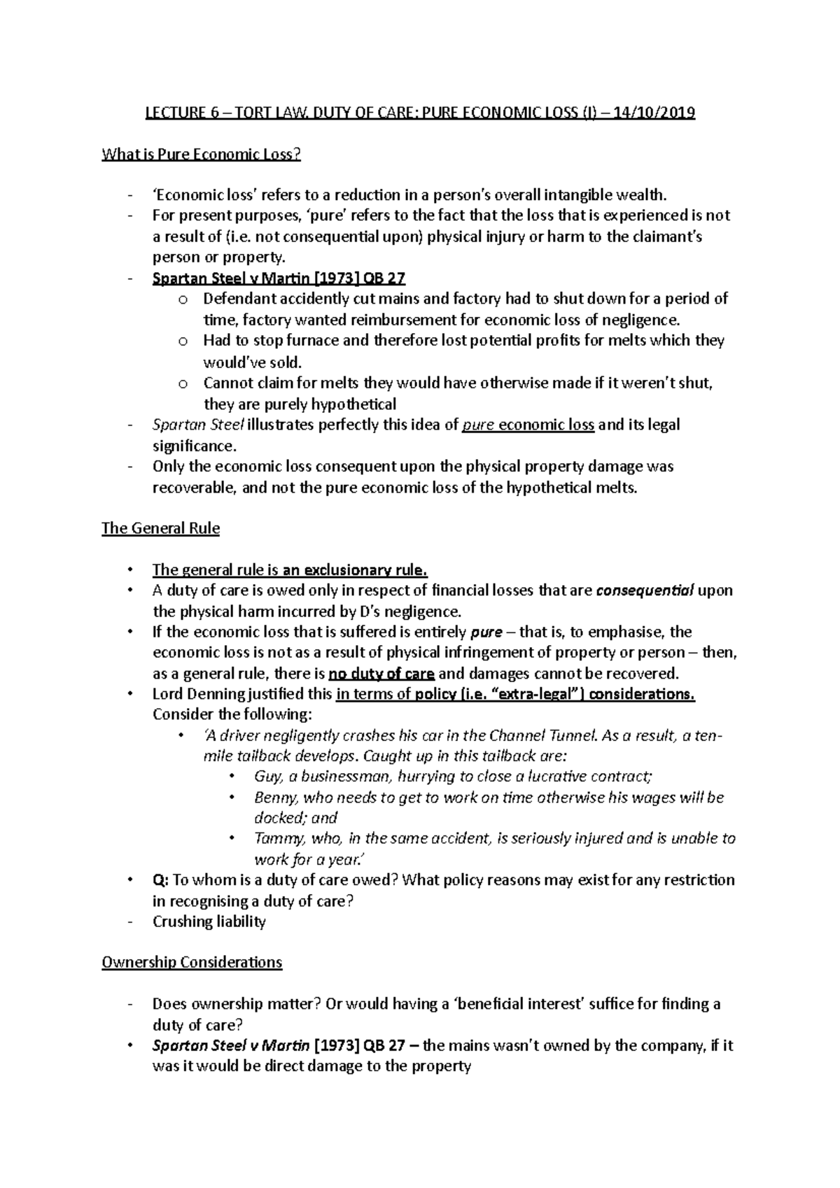 Tort Pure Economic Loss Lecture 6 Tort Law Duty Of Care Pure