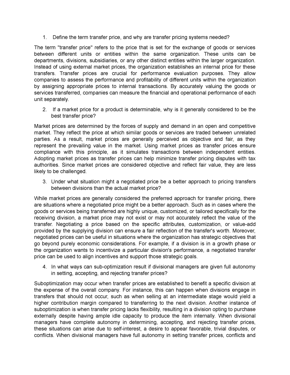 Scm Chapter 14 Discussion Questions Define The Term Transfer Price