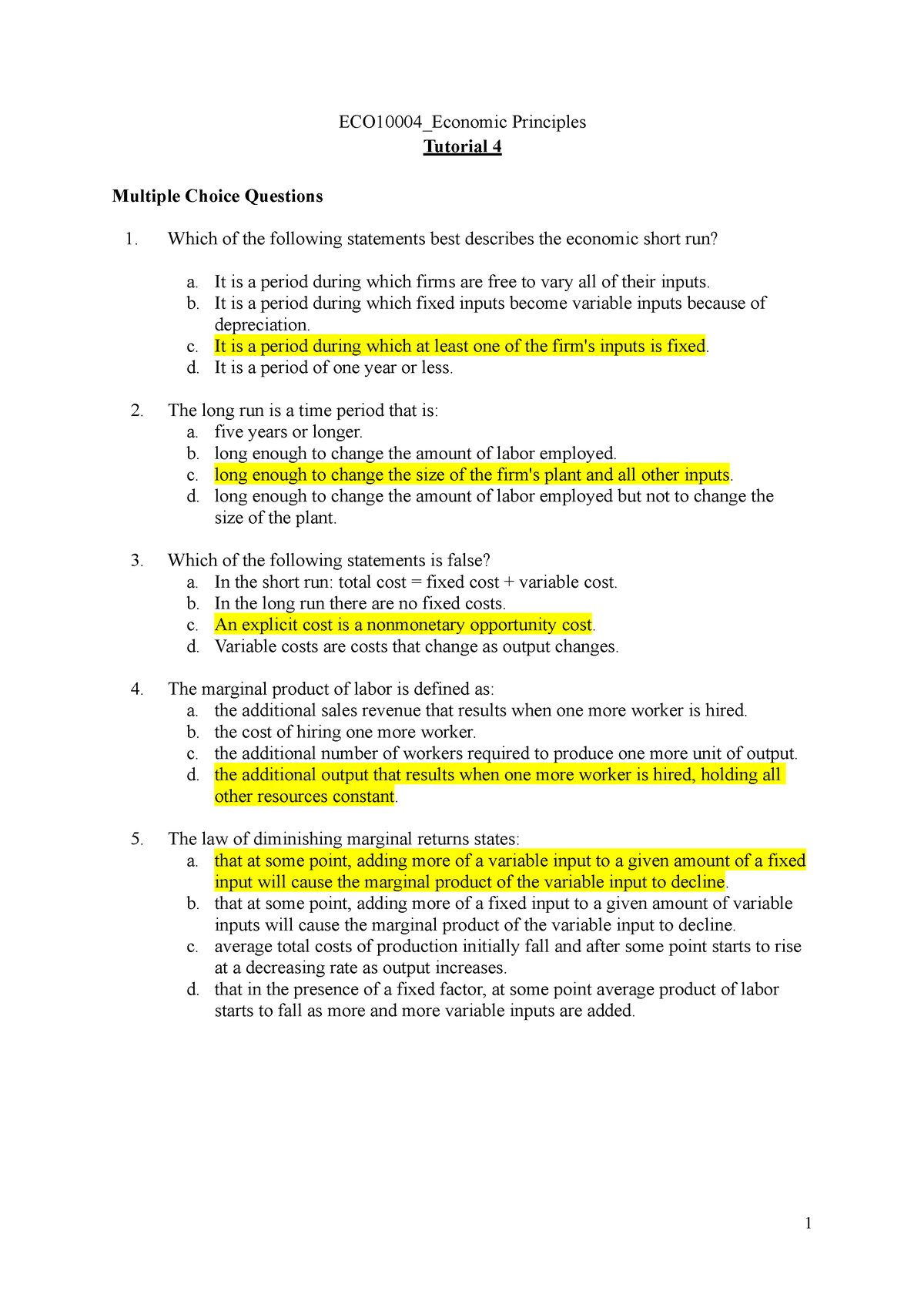 Eco10004 Tutorial 4 Week 4 Eco10004economic Principles Tutorial 4