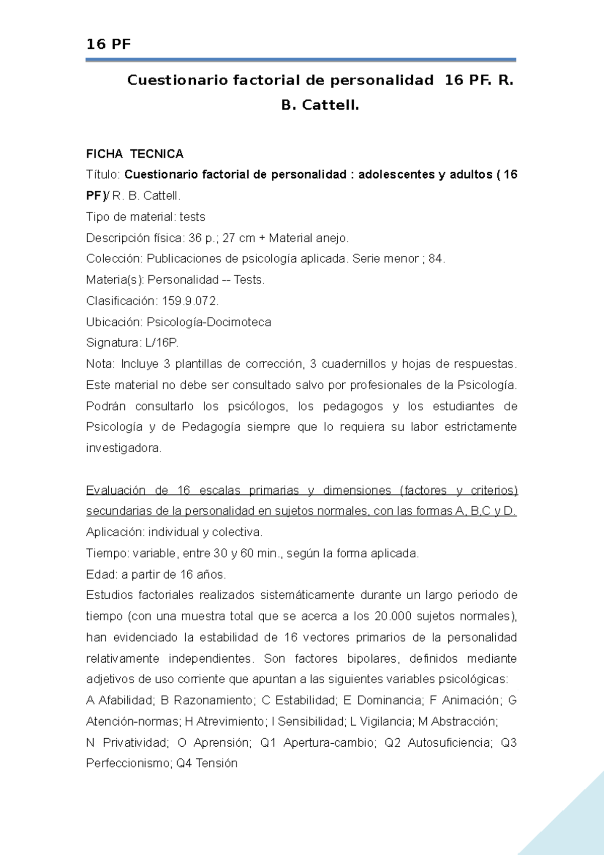 16 Pf Ab Ucv Cuestionario Factorial De Personalidad 16 Pf R B