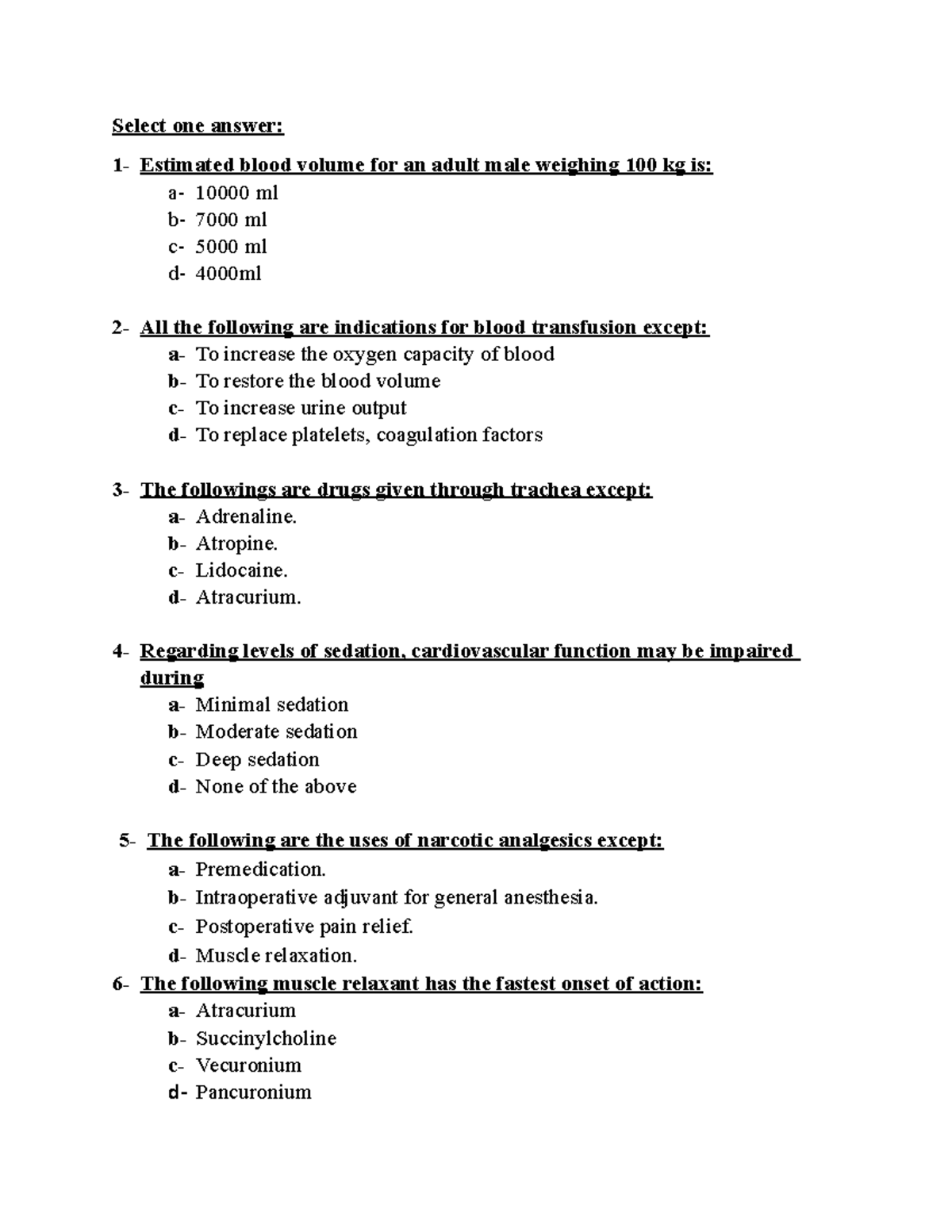 3 Anesthesia Mcq Training Select One Answer 1 Estimated Blood