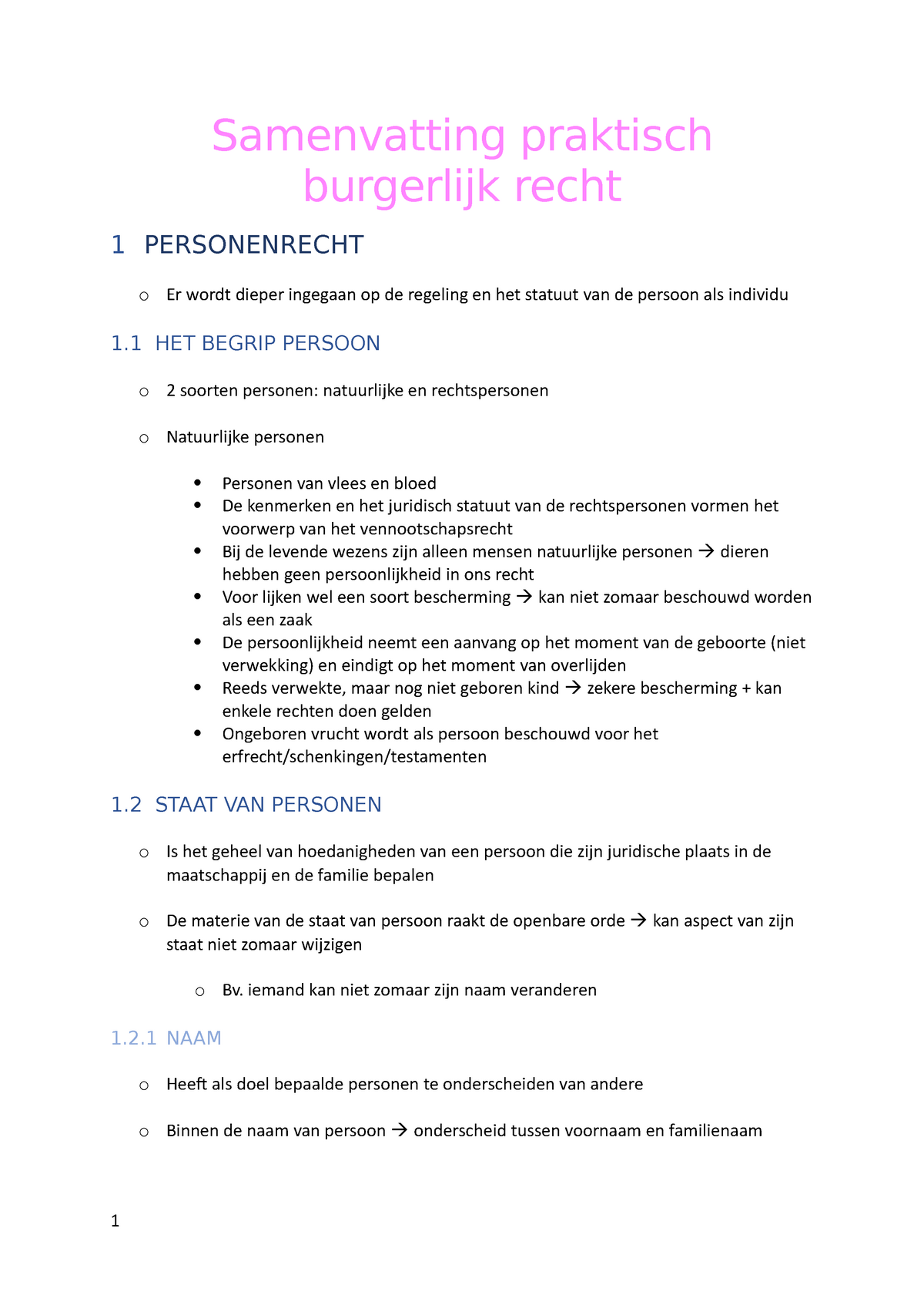 Samenvatting Praktisch Burgerlijk Recht Personenrecht Samenvatting