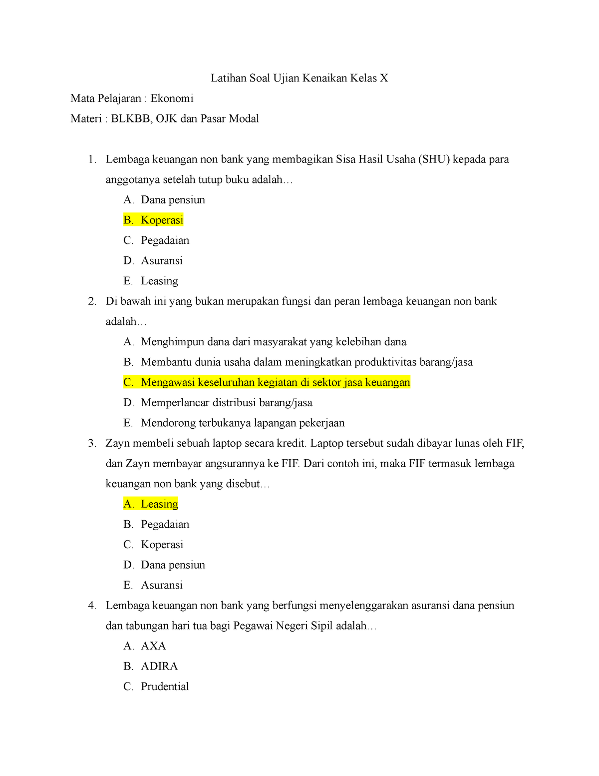 Soal Akhir Review Tp1 Latihan Soal Ujian Kenaikan Kelas X Mata