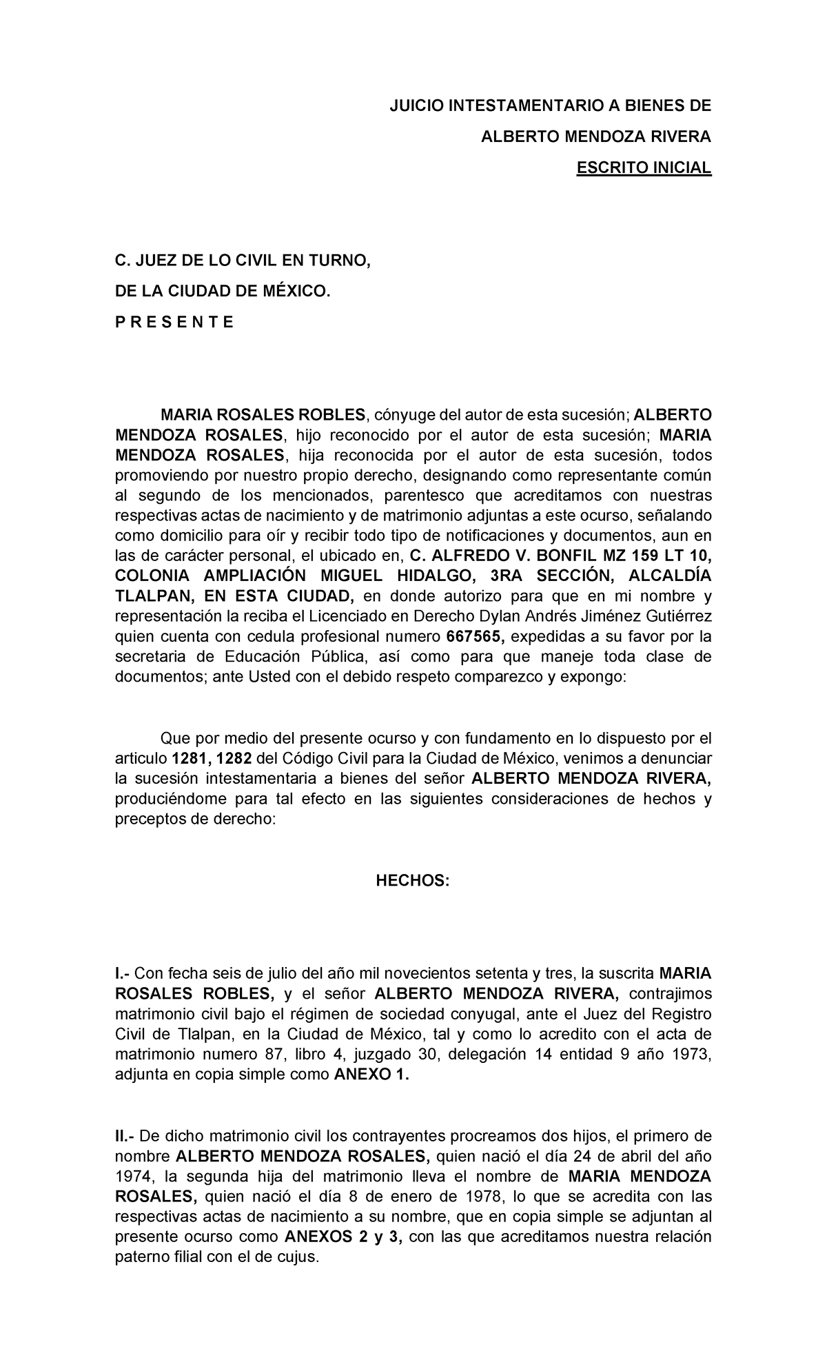 Juicio Intestamentario Escrito Inicial Juicio Intestamentario A