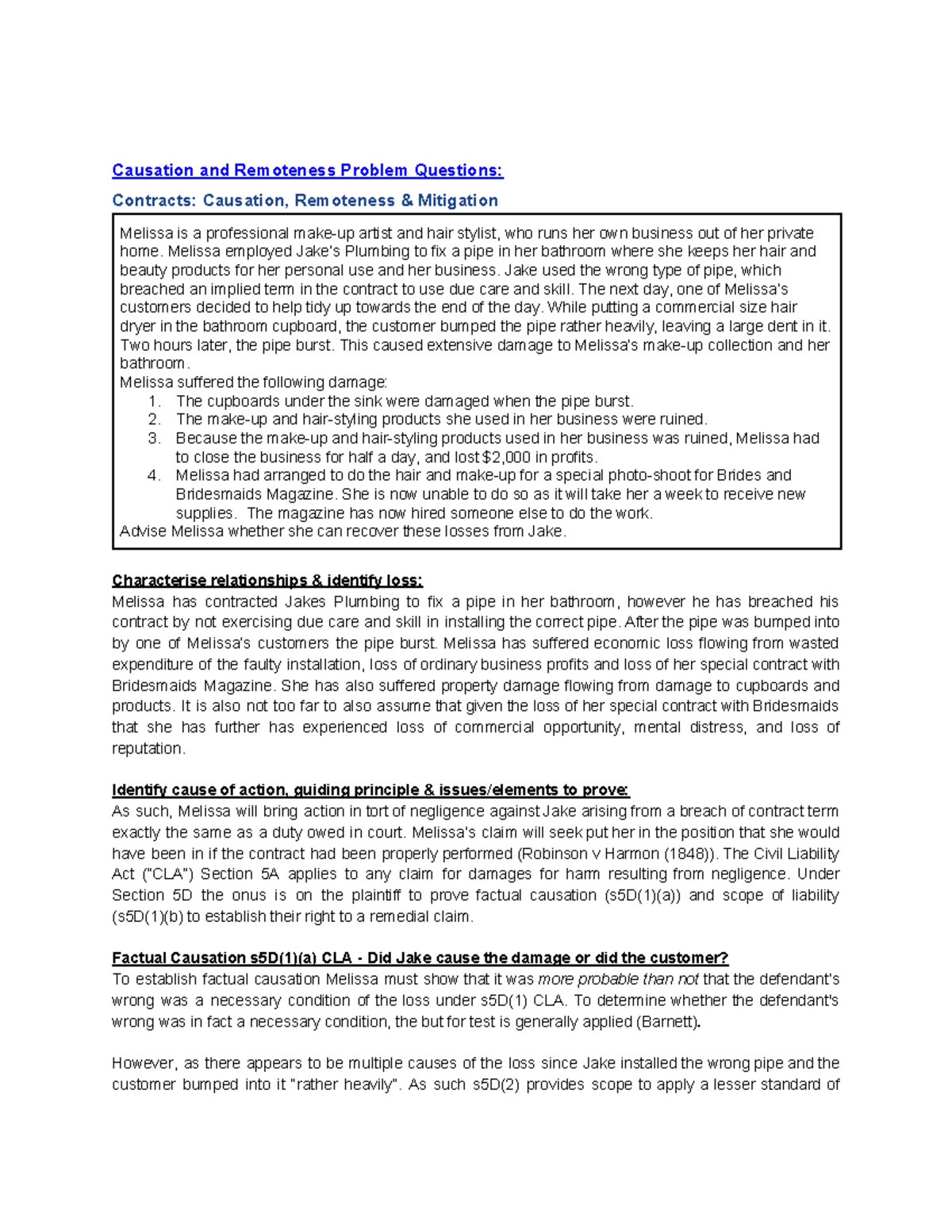 Answer For Remedies Week 1 Remoteness And Causation Causation And