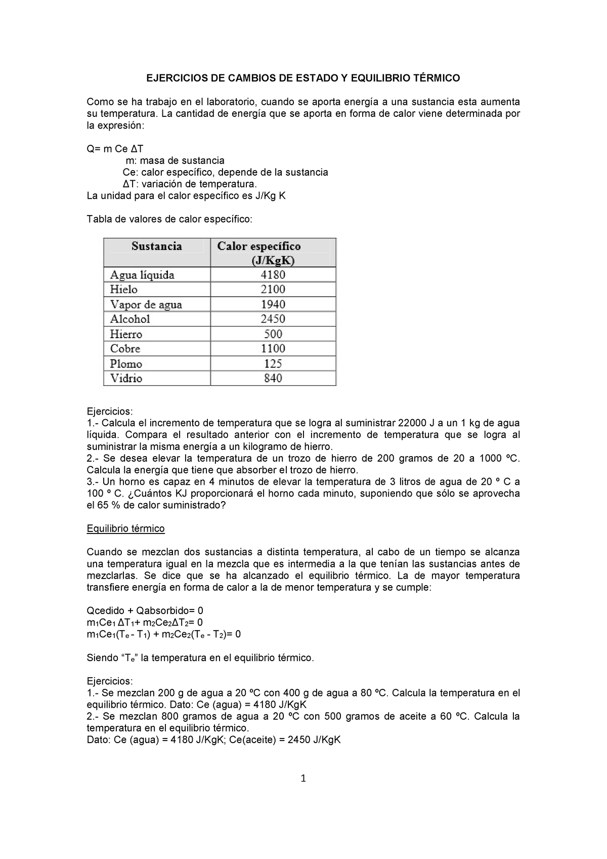 Ejercicios De Cambios De Estado Y Equilibrio Térmico 1 Ejercicios De