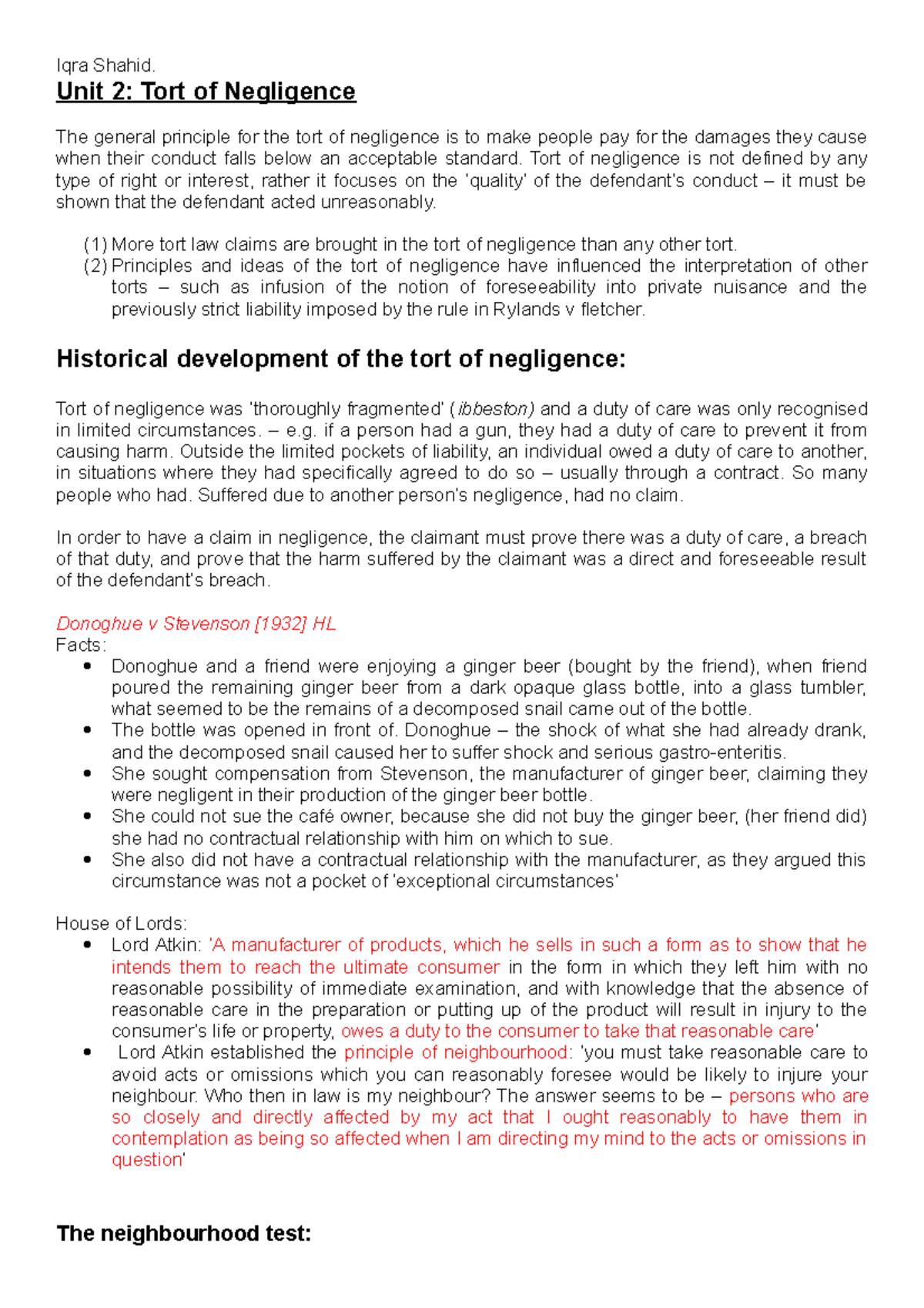 Torts Revision Notes Unit 2 Tort Of Negligence The General Principle