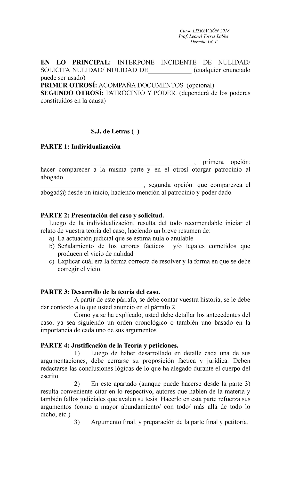 Formato Incidente De Nulidad Curso LitigaciÓn 2018 Prof Leonel