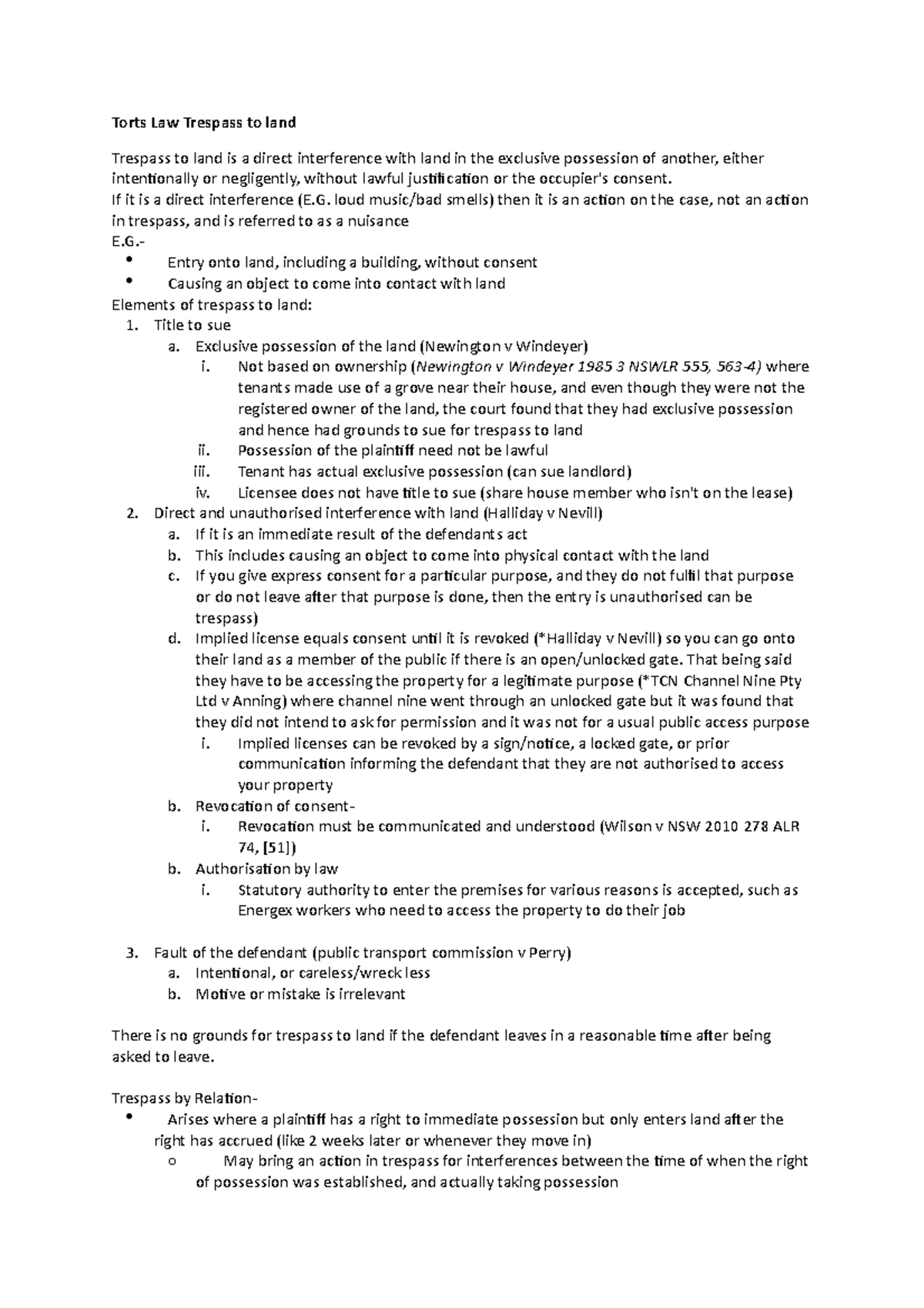 Trespass To Land Lecture Notes 2 Torts Law Trespass To Land