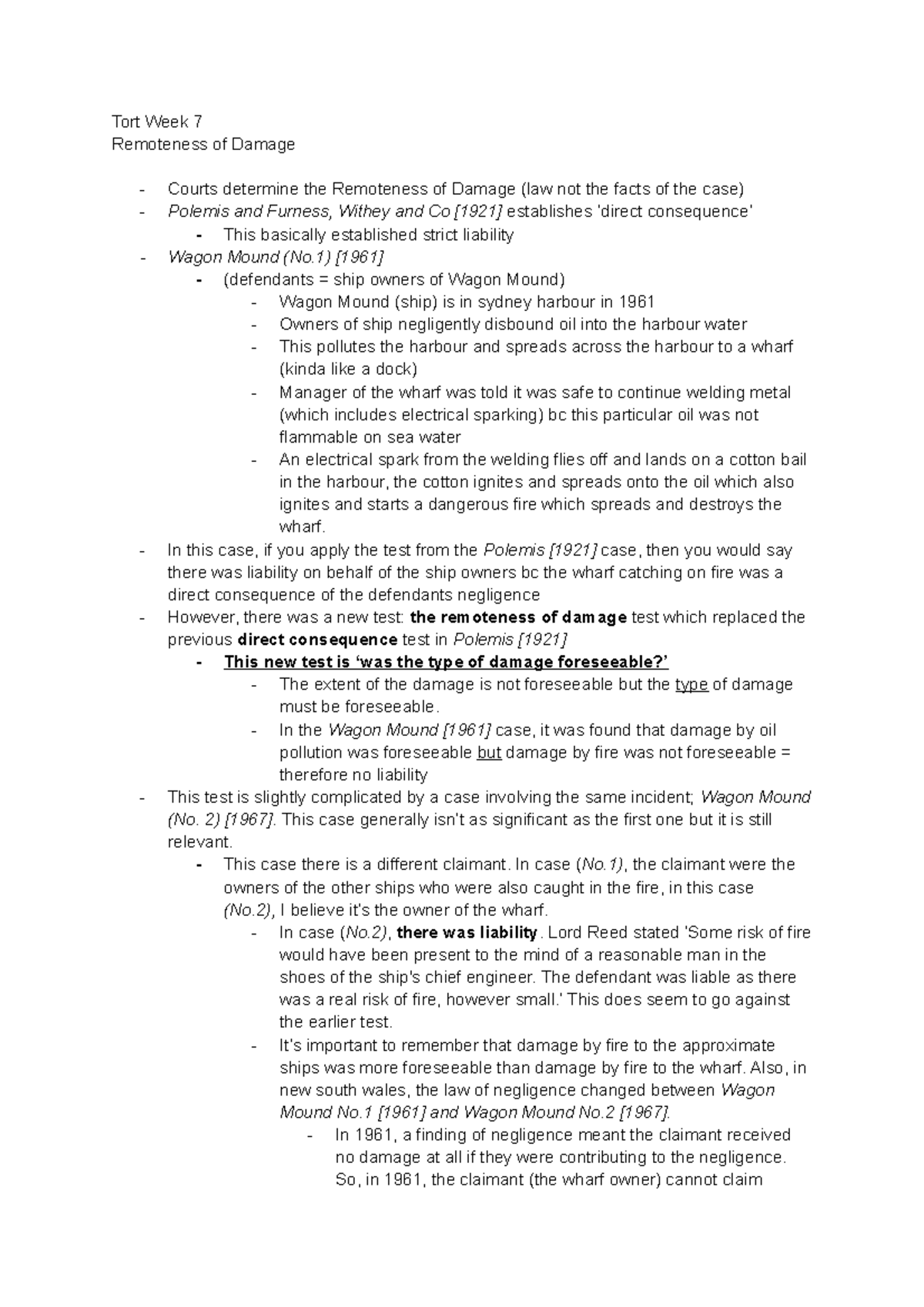 Tort Week 7 Lecture Notes 7 Tort Week 7 Remoteness Of Damage Courts