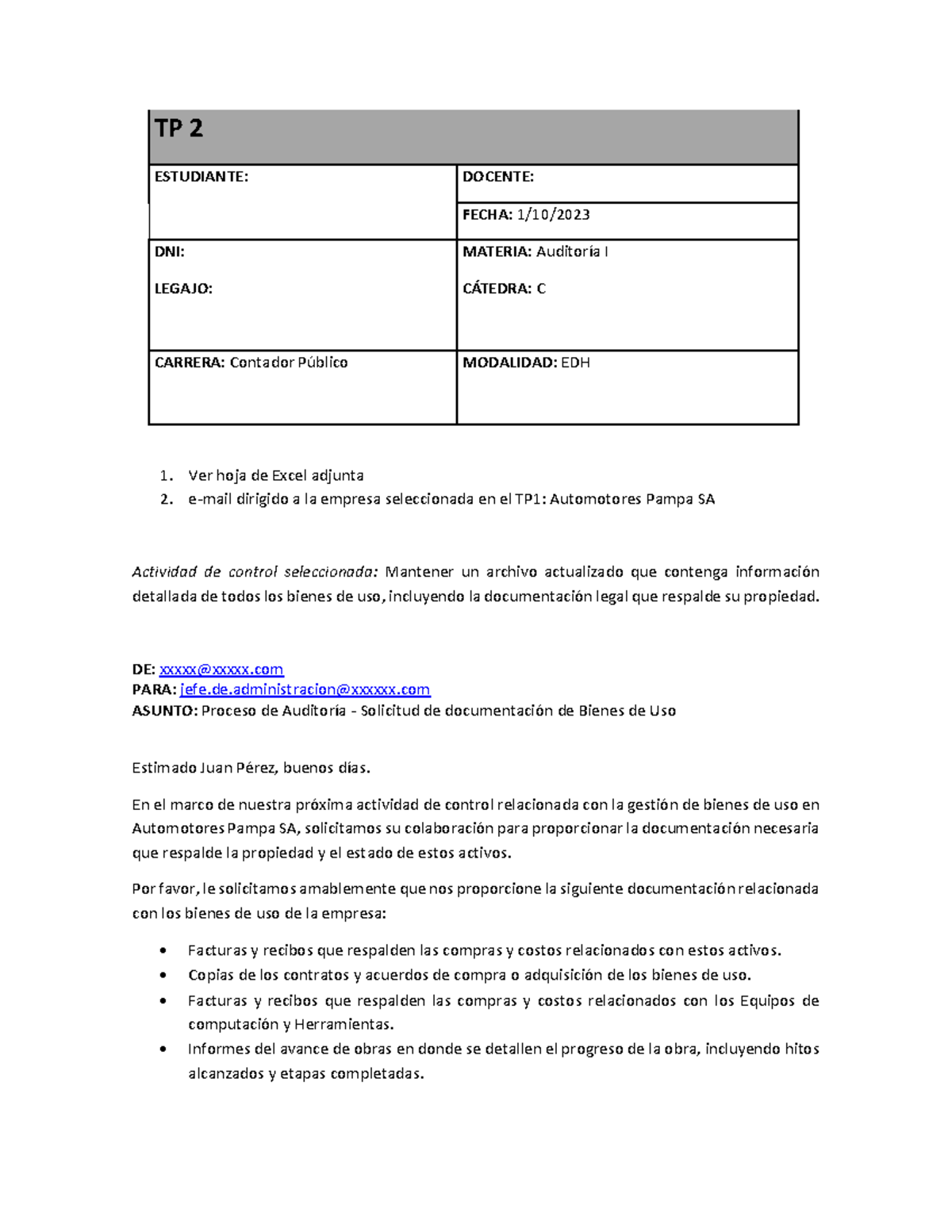 Auditoría I Tp 2 90ptos Tp 2 Estudiante Docente Fecha 110 Dni