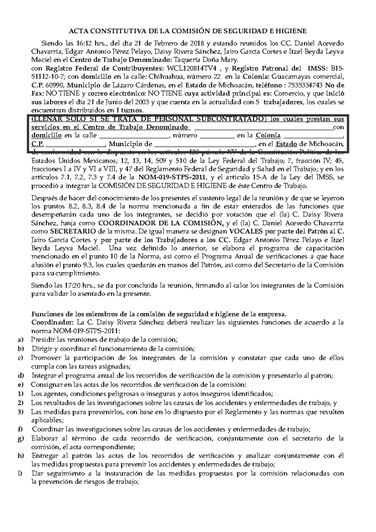 Acta Constitutiva Seguridad E Higiene Acta Constitutiva De La