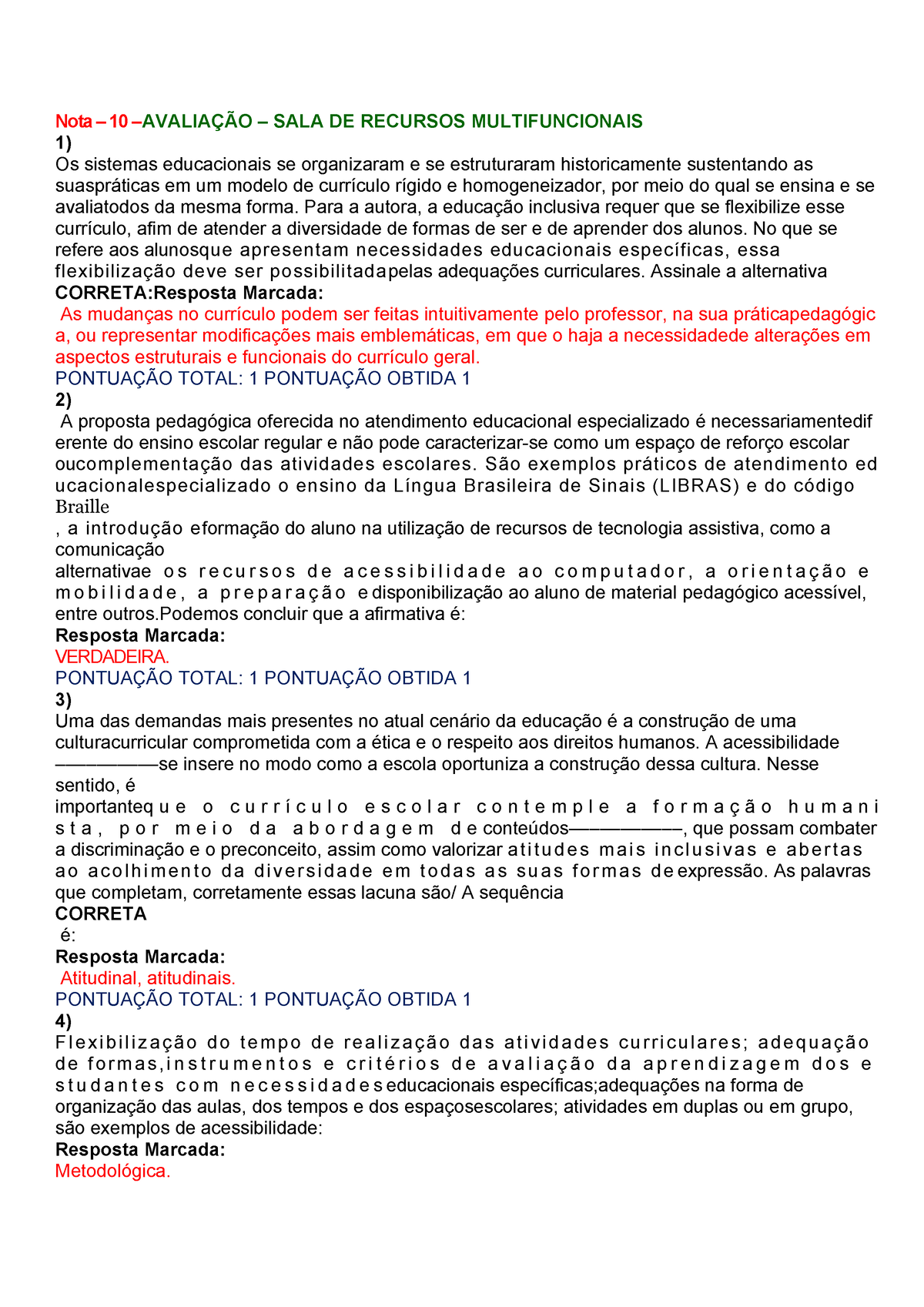 Avaliação Sala De Recursos Multifuncionais Nota 10 AvaliaÇÃo