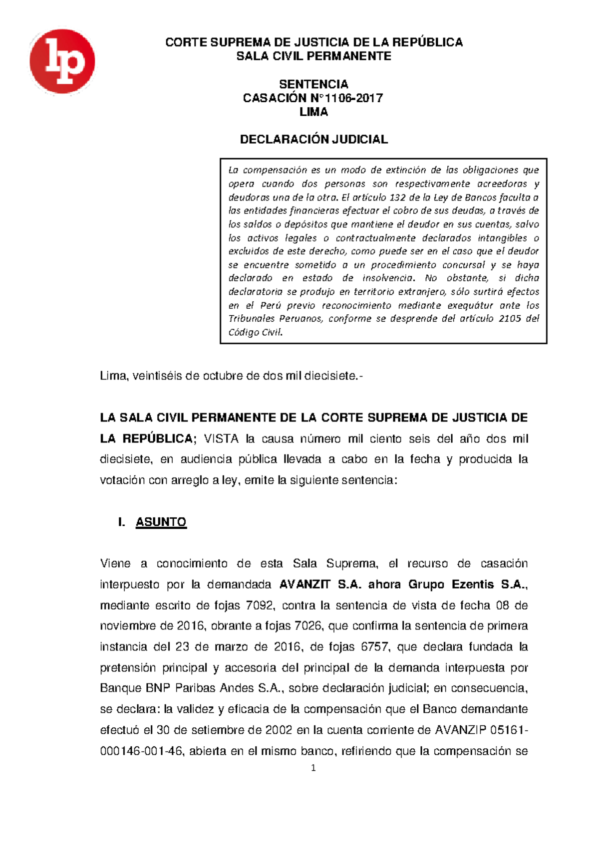 Casación 1106 2017 Lima Derecho Internacional Privado Sala Civil