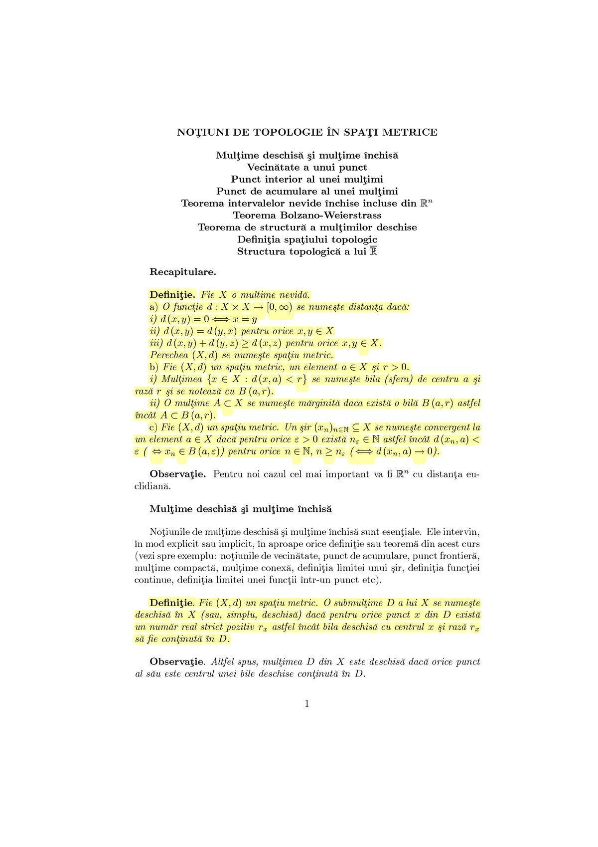 Curs6v1 Analiza Matematica Notiuni De Topologie În Spa ̧ Ti Metrice