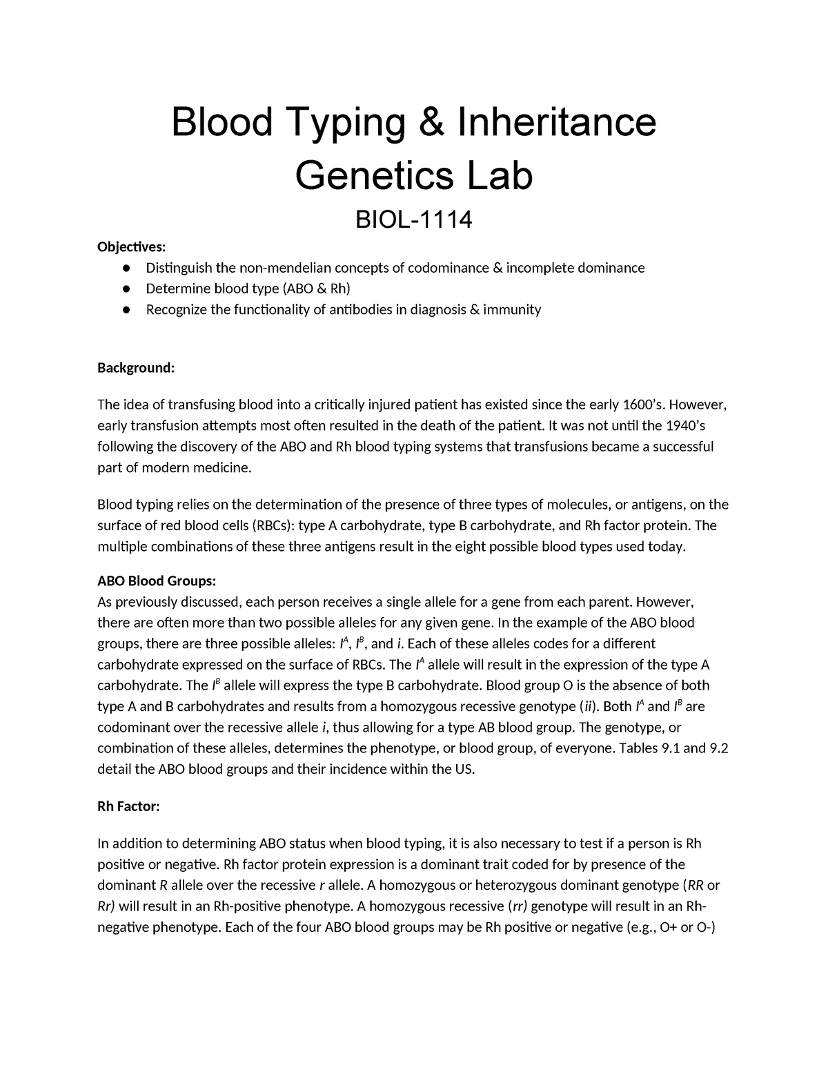 Blood Typing Lab 7 Blood Typing And Inheritance Genetics Lab Biol