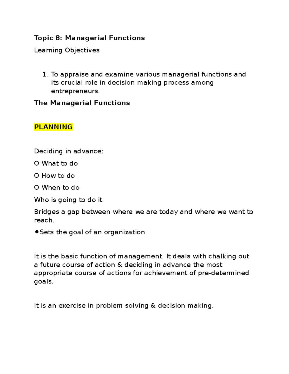 Entrepreneurship Managerial Functions Topic 8 Managerial Functions