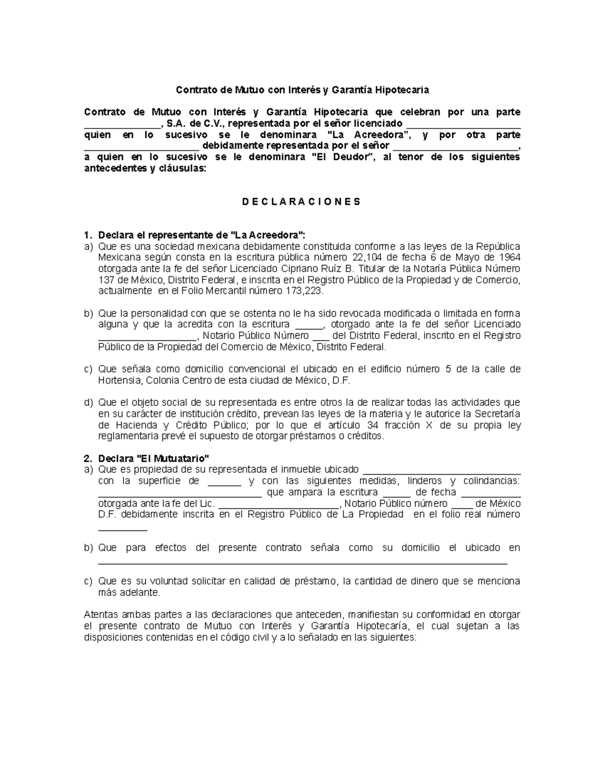 Contrato De Mutuo Con Inters Y Garanta Hipotecaria Contrato De Mutuo