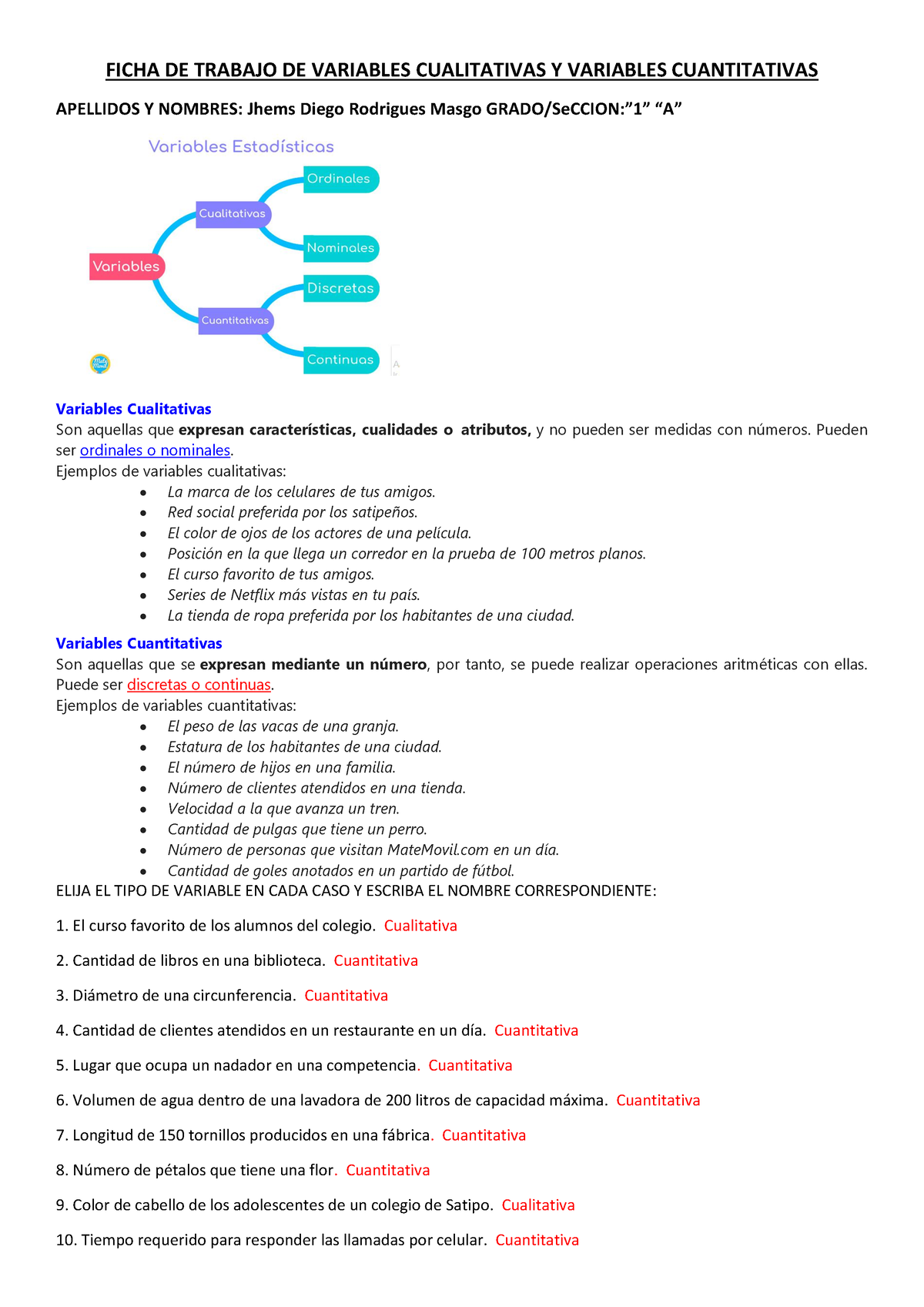 Variables Cualitativas Y Variables Cuantitativas Ficha De Trabajo De