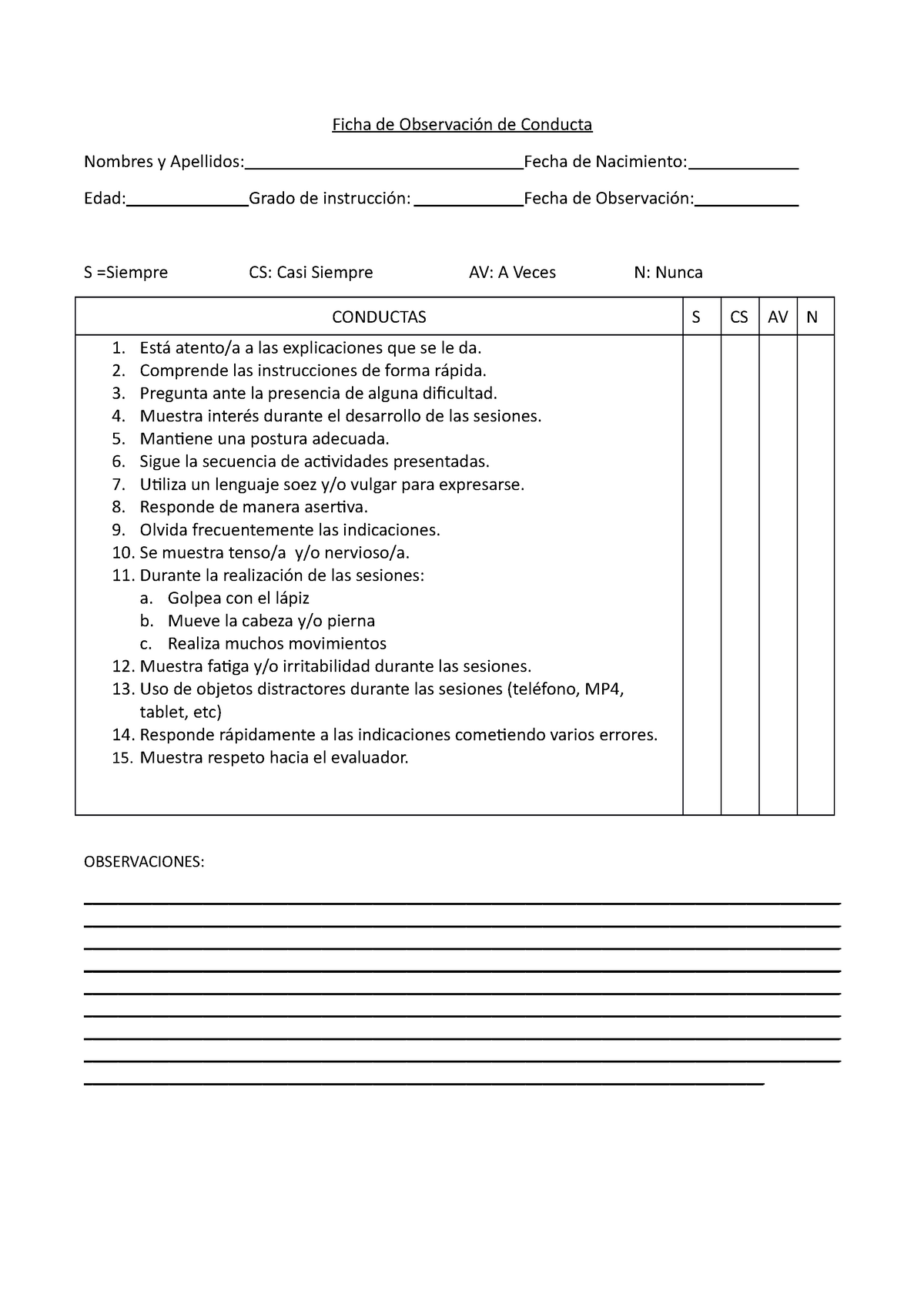 Ficha De Observación De Conducta Ficha De Observación De Conducta