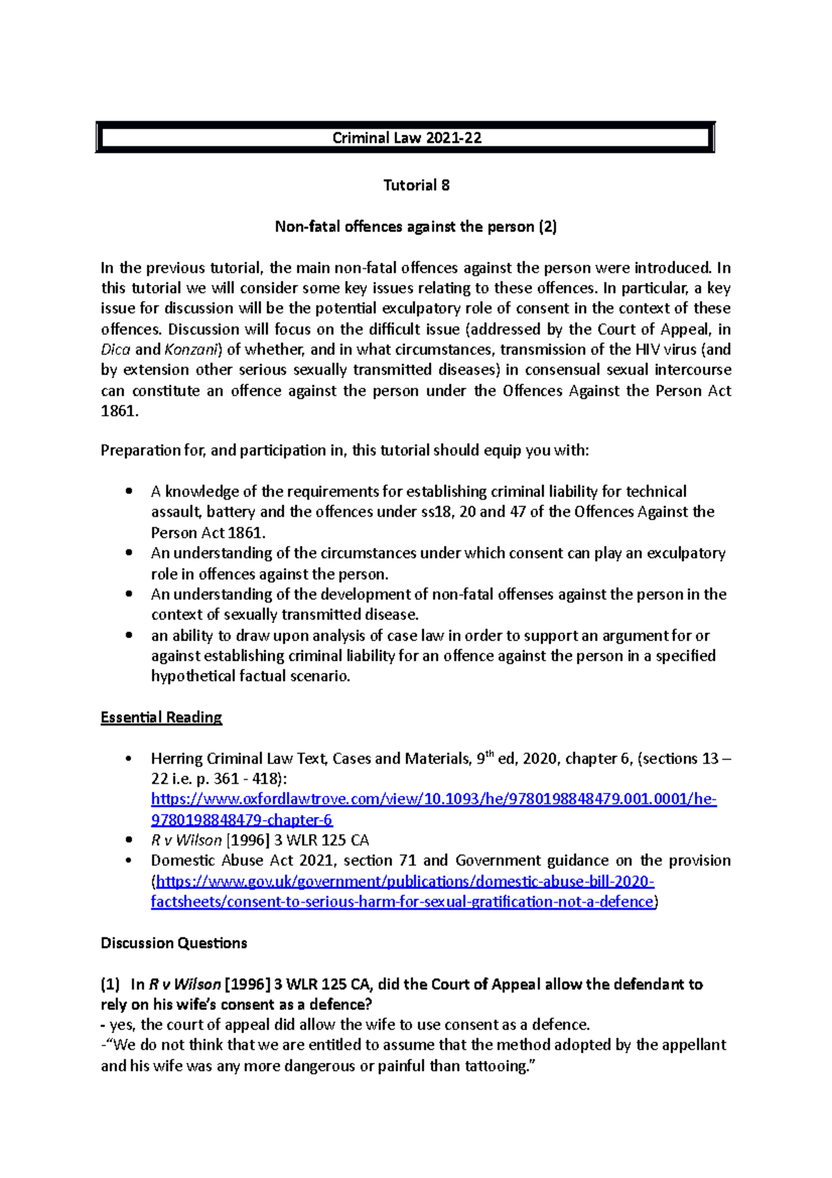 Tutorial 8 Non Fatal Offences Against The Person 2 Criminal Law